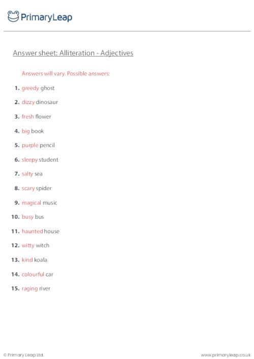 Literacy: Alliteration Adjectives | Worksheet | PrimaryLeap.co.uk