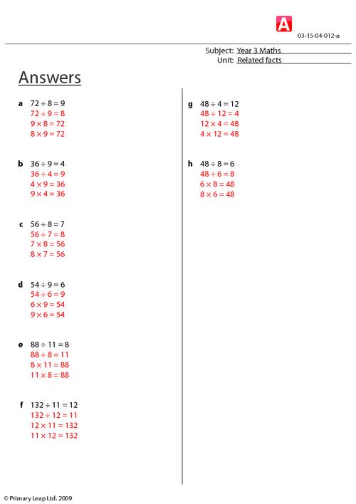 Numeracy: Related facts | Worksheet | PrimaryLeap.co.uk