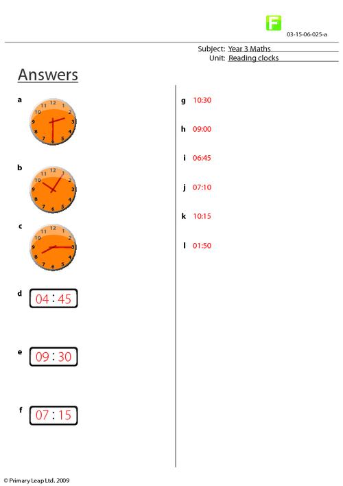 Numeracy: Reading clocks | Worksheet | PrimaryLeap.co.uk