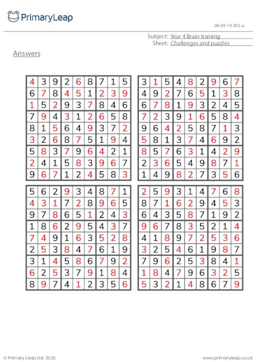 Brain Training: Sudoku 9 x 9 puzzle | Worksheet | PrimaryLeap.co.uk