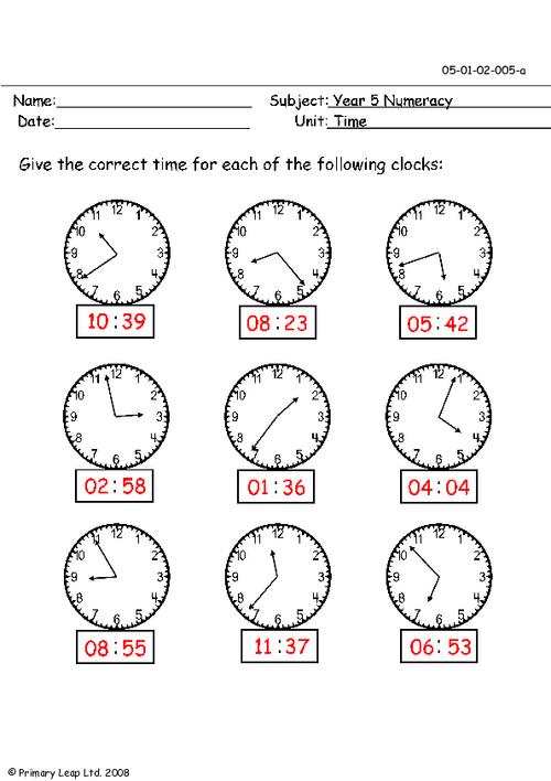 Numeracy: Time 5 | Worksheet | PrimaryLeap.co.uk