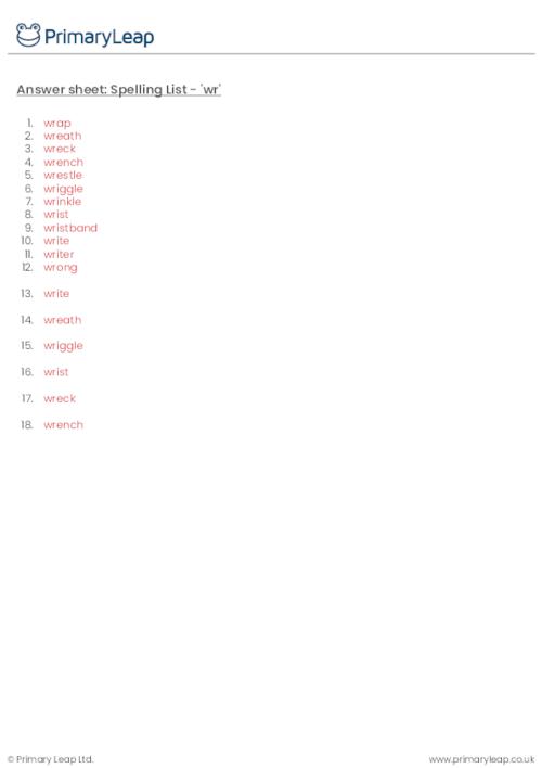 Literacy: Spelling List 'wr' | Worksheet | PrimaryLeap.co.uk
