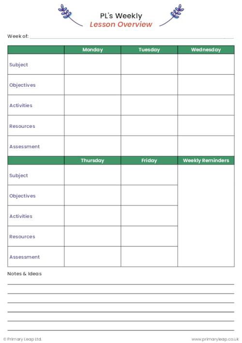 Teaching-essentials: PL's Weekly Lesson Overview