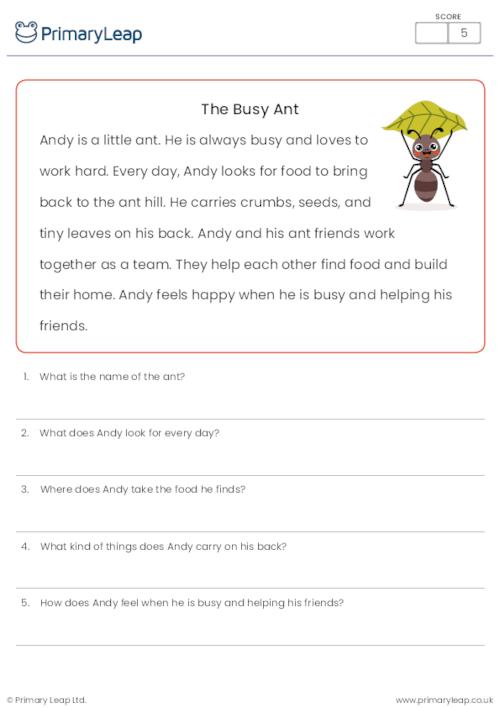 Year 1 - English: The Busy Ant - Reading Comprehension