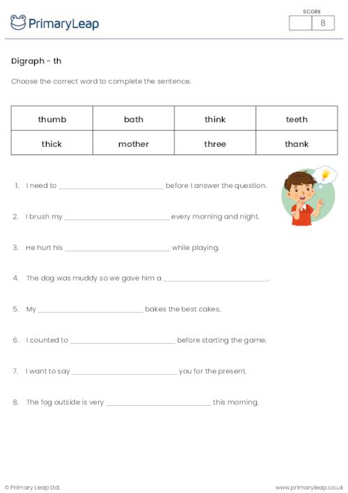 Year 1 - English: Digraphs: 'th' cloze activity