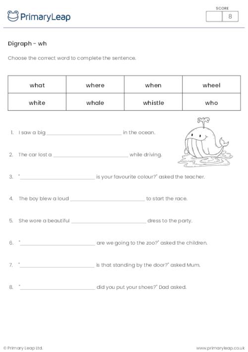 Year 1 - English: Digraphs: 'wh' cloze activity
