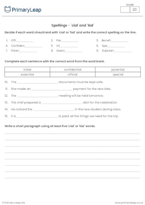 Year 6 - English: 'cial' and 'tial' Word Endings