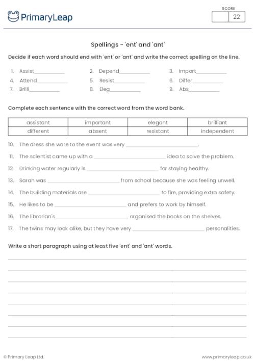 Year 6 - English: 'ent' and 'ant' Word Endings