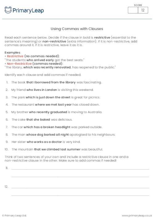 Ks1 - Esl: Punctuation Practice: Using Commas with Clauses