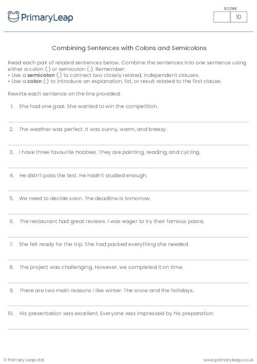 Esl: Combining Sentences with Colons and Semicolons