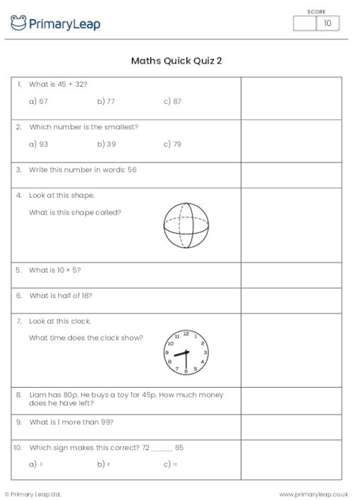 General-knowledge: Y2 Maths Quick Quiz 2