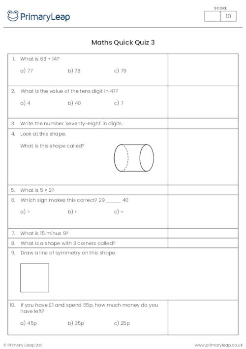 General-knowledge: Y2 Maths Quick Quiz 3
