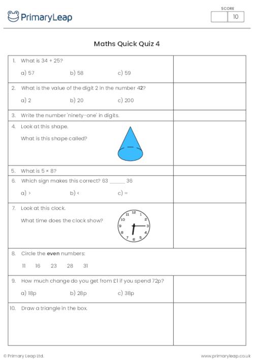 General-knowledge: Y2 Maths Quick Quiz 4