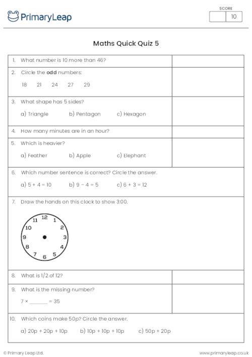 General-knowledge: Y2 Maths Quick Quiz 5