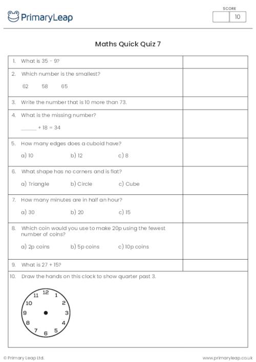 General-knowledge: Y2 Maths Quick Quiz 7