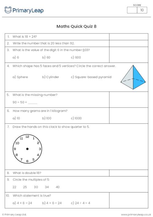 General-knowledge: Y2 Maths Quick Quiz 8