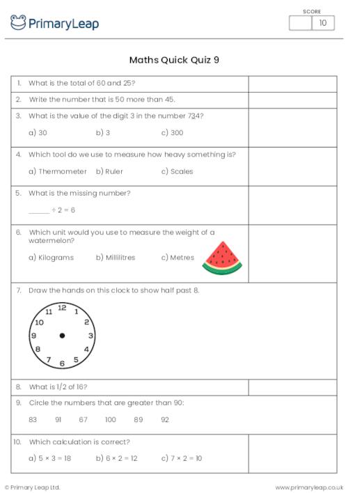 General-knowledge: Y2 Maths Quick Quiz 9