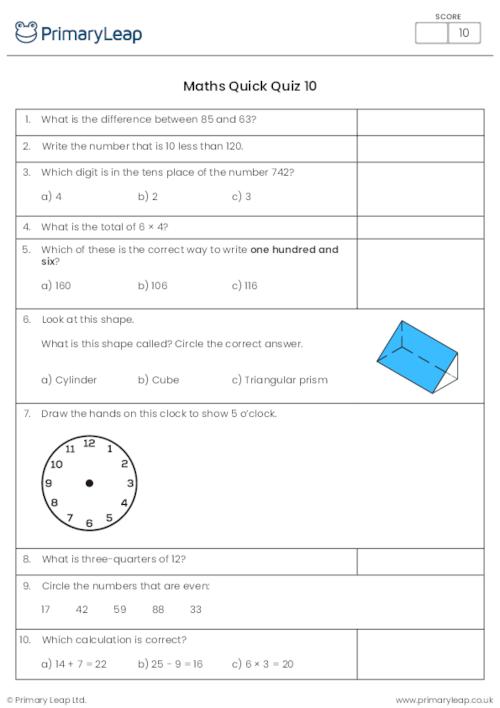General-knowledge: Y2 Maths Quick Quiz 10